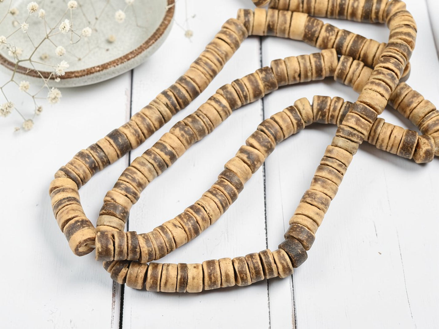 Hand Cut Coconut Shell Wood Heishi Beads (24" Strand) - Choose Your Si ...