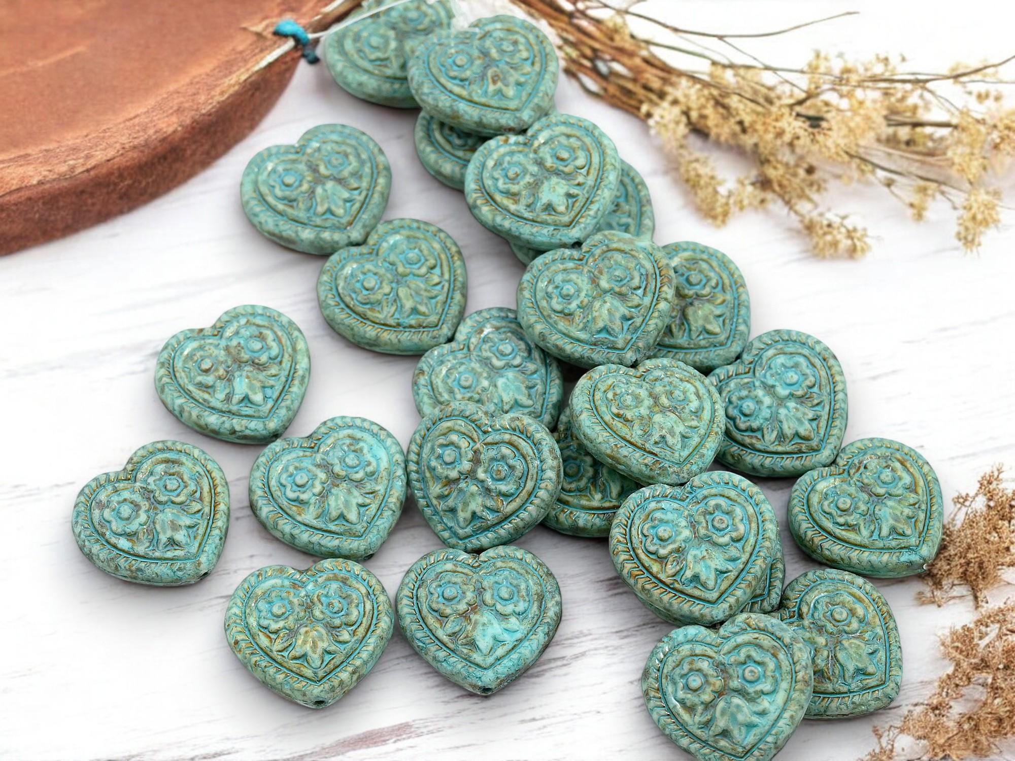 *6* 17mm Opaque Turquoise Travertine Floral Heart Beads – The Bead ...