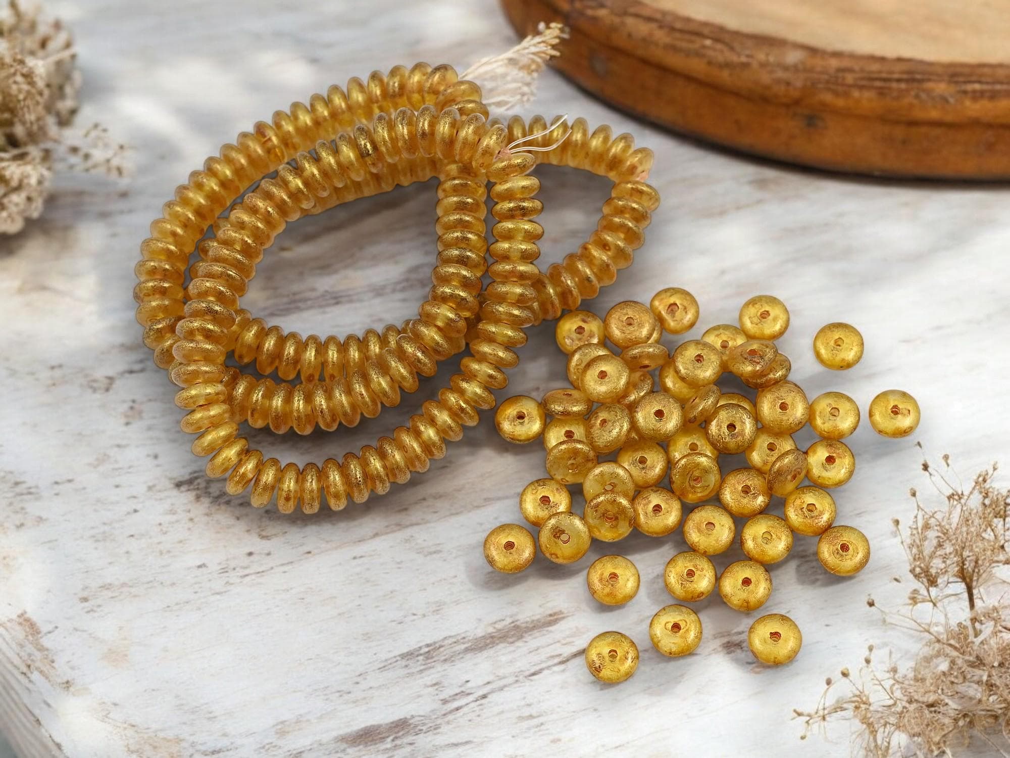 *50* 6x2mm Gold Washed Dandelion Smooth Rondelle Beads - The Bead Obsession