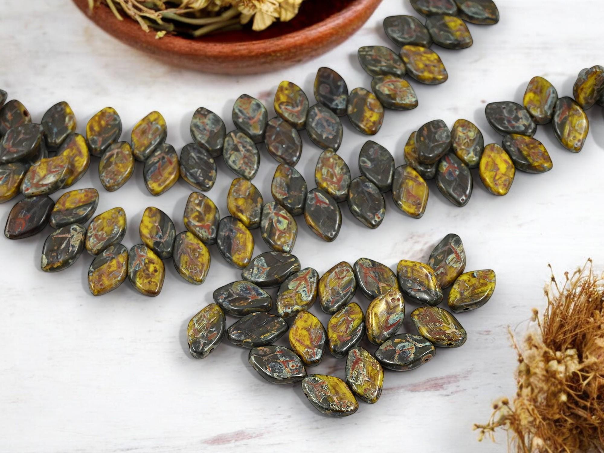 *40* 12x8mm Blended Yellow + Black Travertine Top Drilled Leaf Beads ...