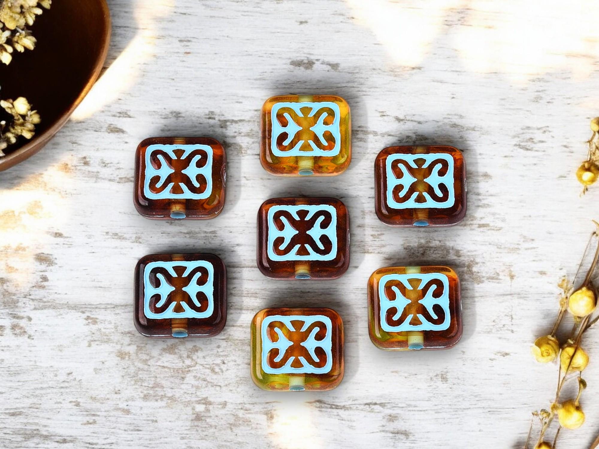 *15* 11x12mm Turquoise Washed Amber Ornate Acrylic Rectangle Beads ...