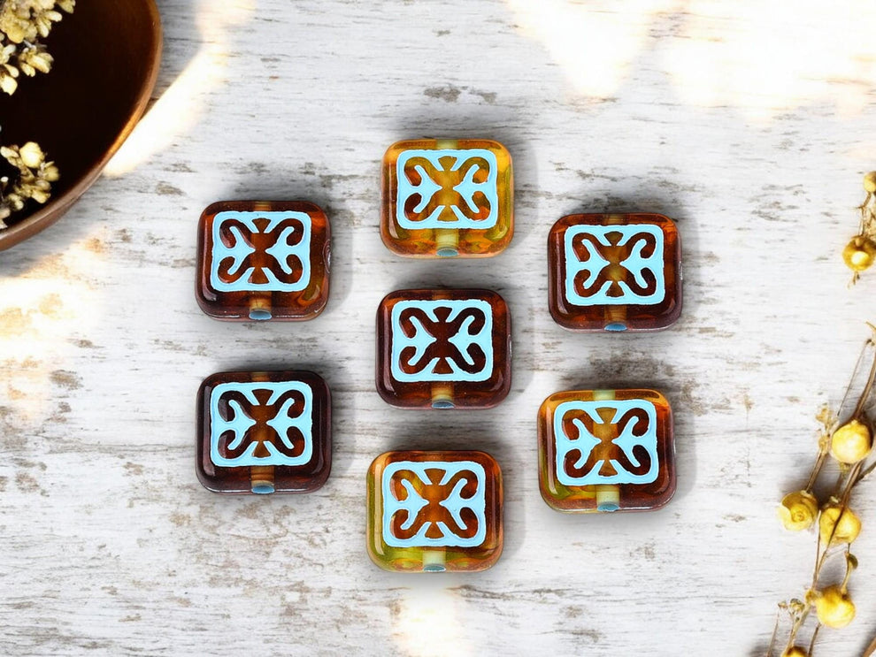 *15* 11x12mm Turquoise Washed Amber Ornate Acrylic Rectangle Beads ...