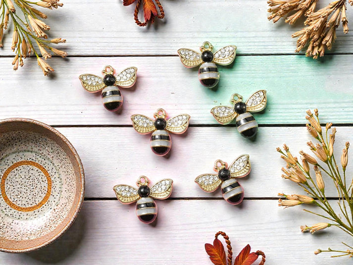 *6* 19x23mm Gold Plated Silver Enamel Rhinestone Bumble Bee Charms ...