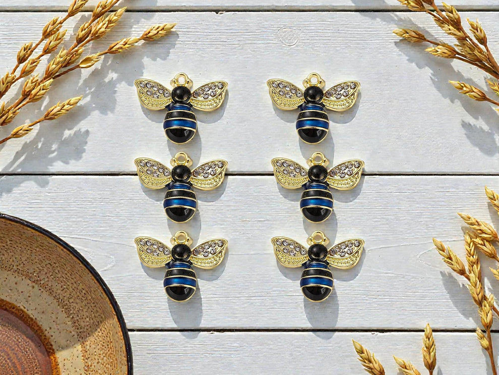 *6* 19x23mm Gold Plated Blue Enamel Rhinestone Bumble Bee Charms – The ...