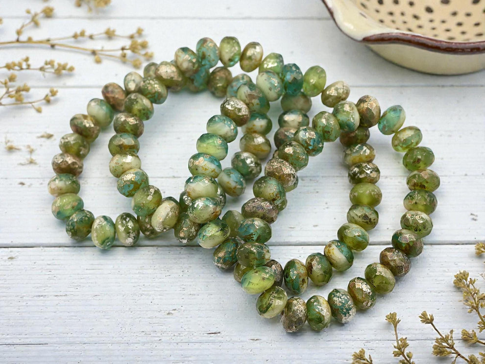 *25* 6x9mm Matte Silver Washed Green Ivory Mix Fire Polished Rondelle ...