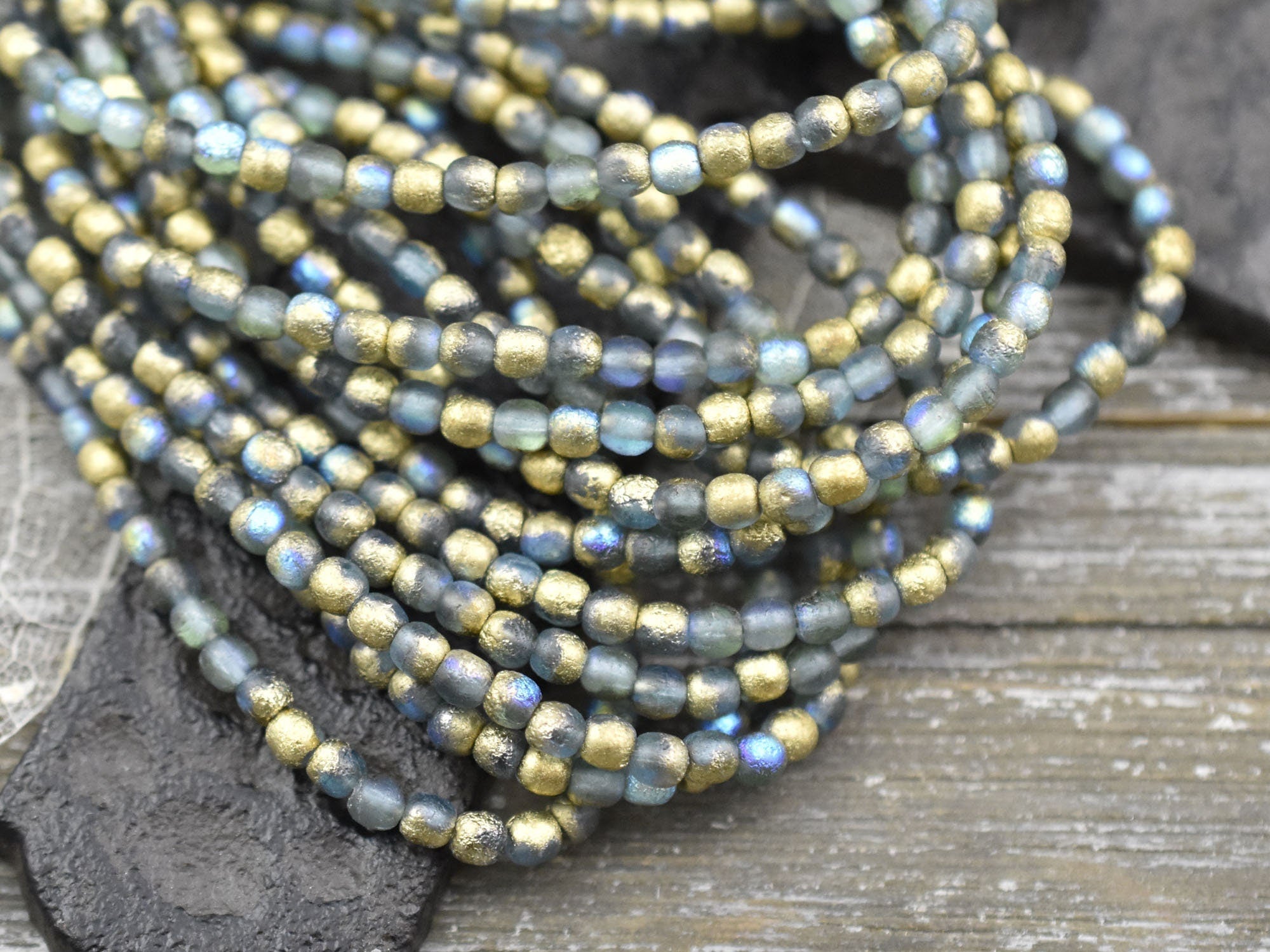 *50* 3mm Gold Washed Etched Montana Blue AB Round Druk Beads – The Bead ...
